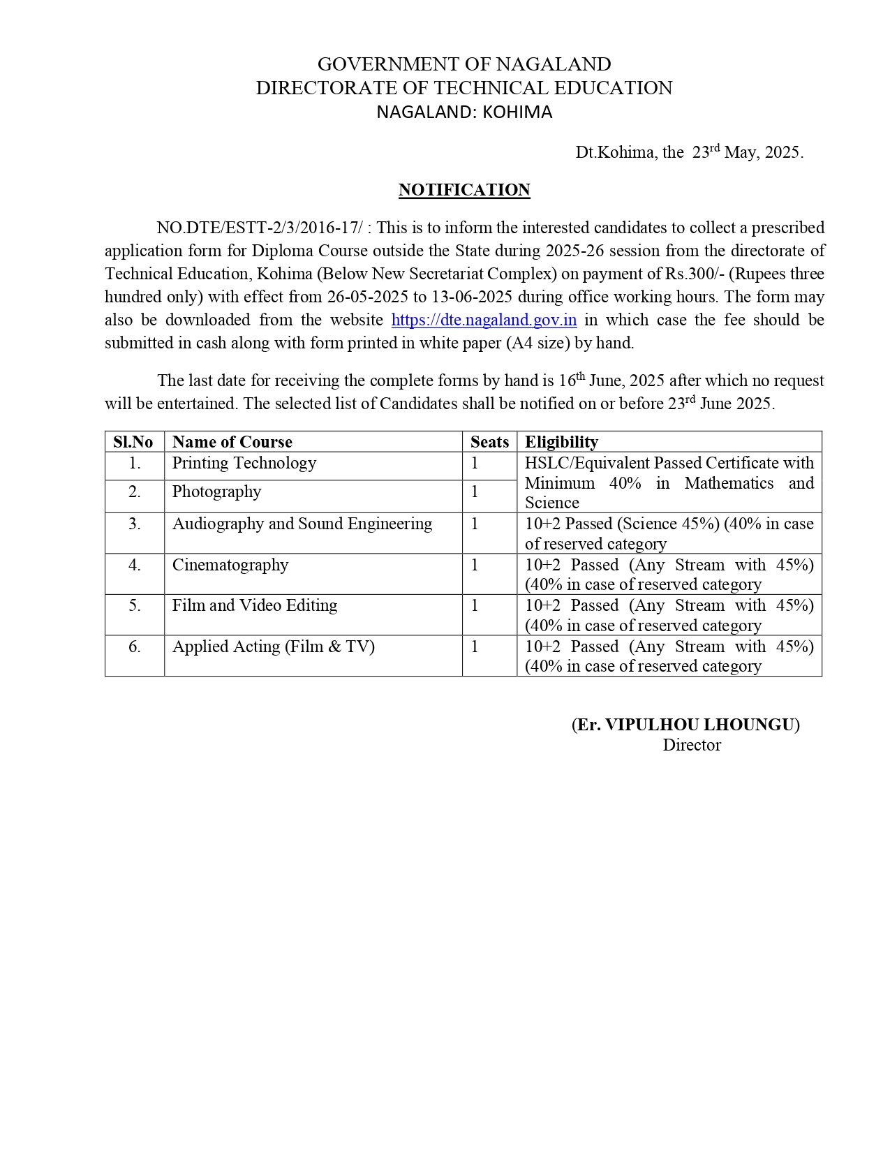 Notification: Technical education | DIPR Nagaland-Department of Information & Public Relations ...